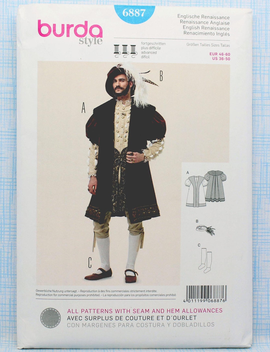 Burda Sewing Pattern 6887, Men's Renaissance Costume Coat, Hat and ...