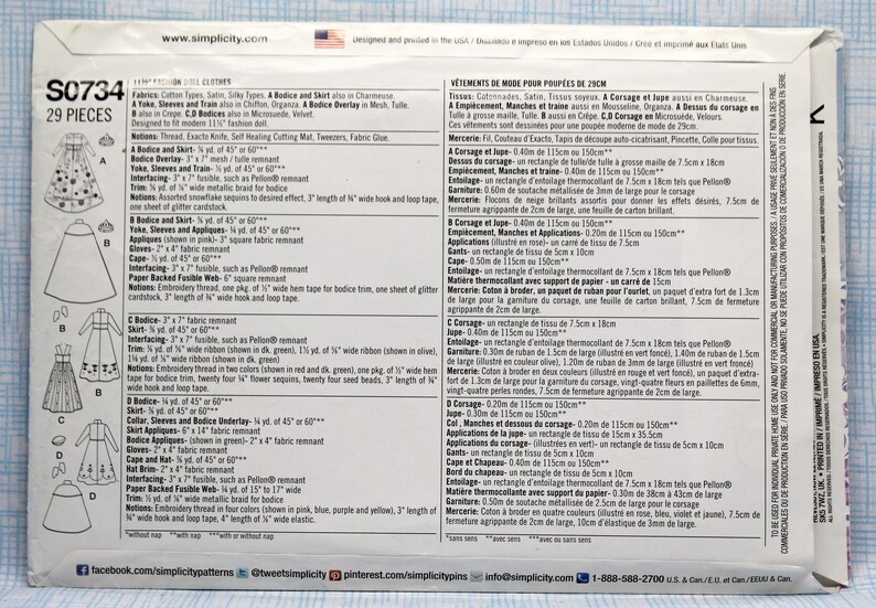 Simplicity Sewing Pattern S0734 Fashion Doll Costumes for - Etsy