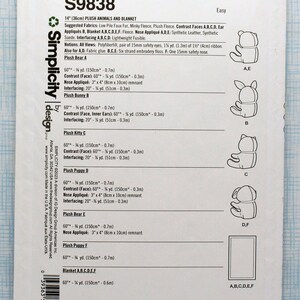 Simplicity Sewing Pattern 9838, 14" Seated Plush Bear Bunny Kitty Puppy ...