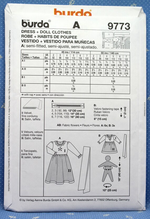 Sewing ChildsGirls Size 2 3 4 5 6 7 Uncut Burda 9773 Childs' Formal ...