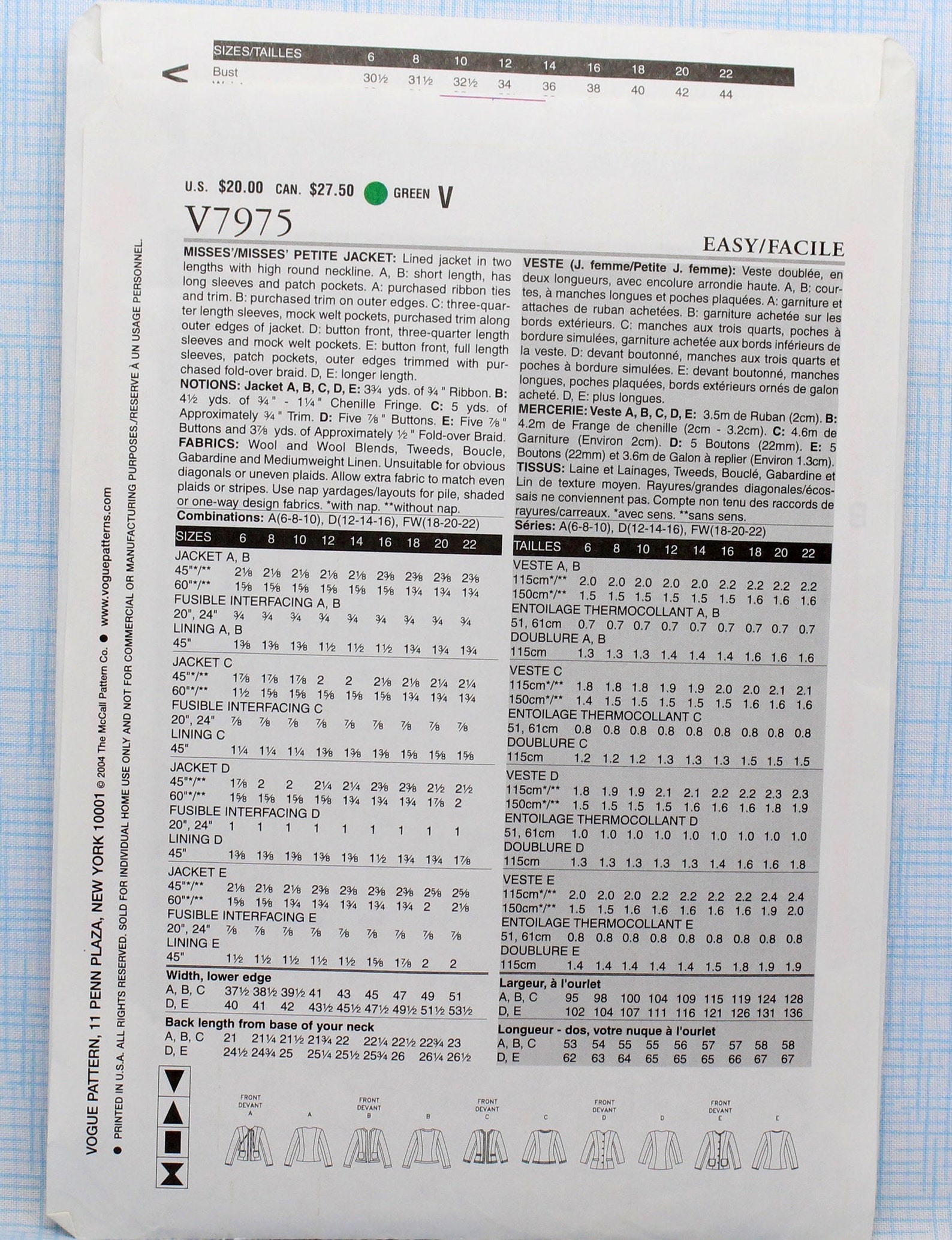 Vogue Sewing Pattern 7975, Misses'/miss Easy Petite Jacket, Uncut/ff ...