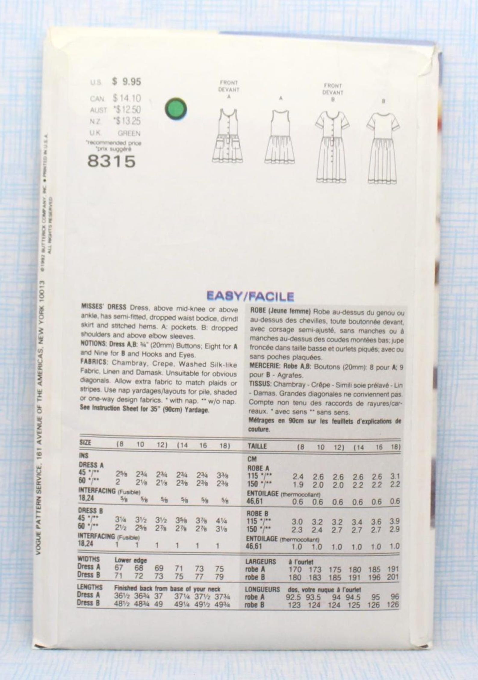 Vogue Sewing Pattern 8315, Misses' Drop Waist Dress, Misses' Size 14 16 ...