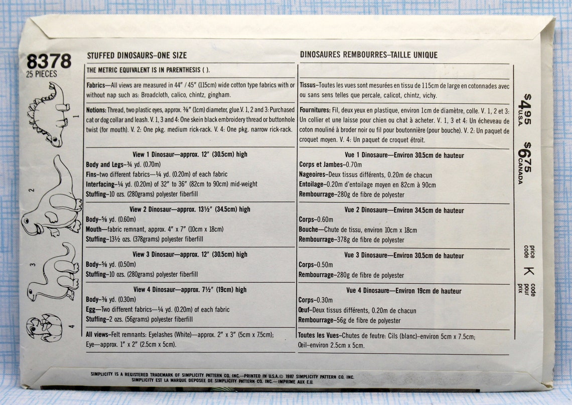 Simplicity Sewing Pattern 8378 Stuffed Dinosaurs Sewing - Etsy