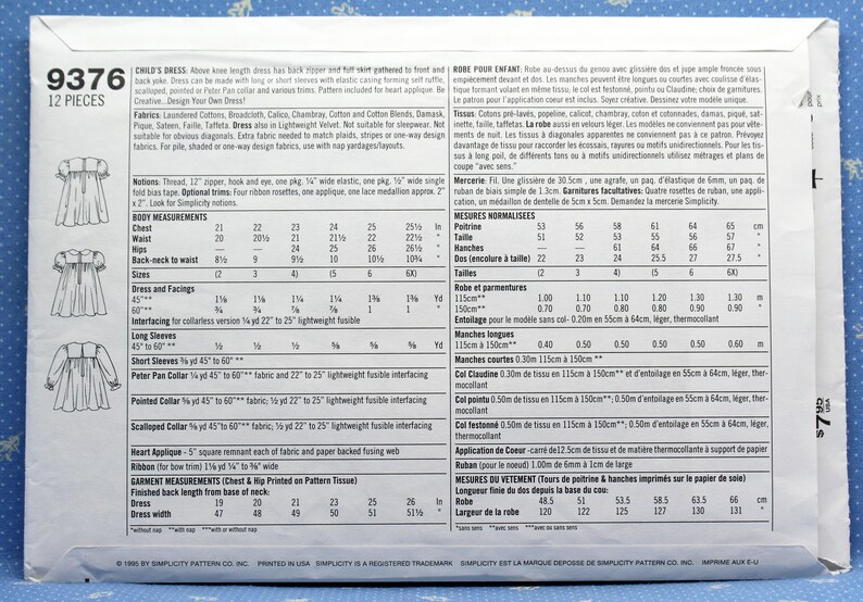 Simplicity Sewing Pattern 9376 Child's Dress With Full - Etsy