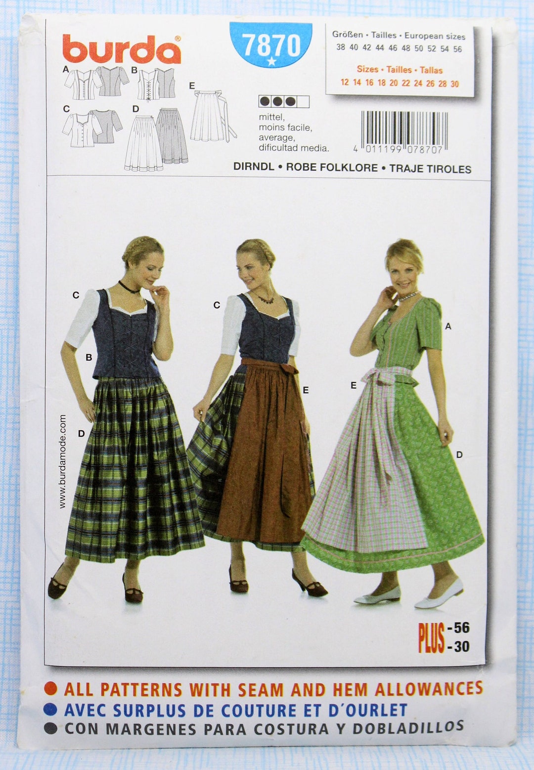 Burda Sewing Pattern 7870, Misses' Dirndl Skirt and Apron and Laced Bodice, Uncut/ff, Misses ...