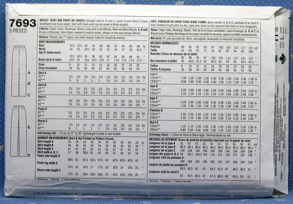 Simplicity 7693 Misses' Straight Skirt Pants and Shorts | Etsy