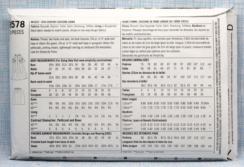 Simplicity Sewing Pattern 8578 Misses' 18th Century - Etsy