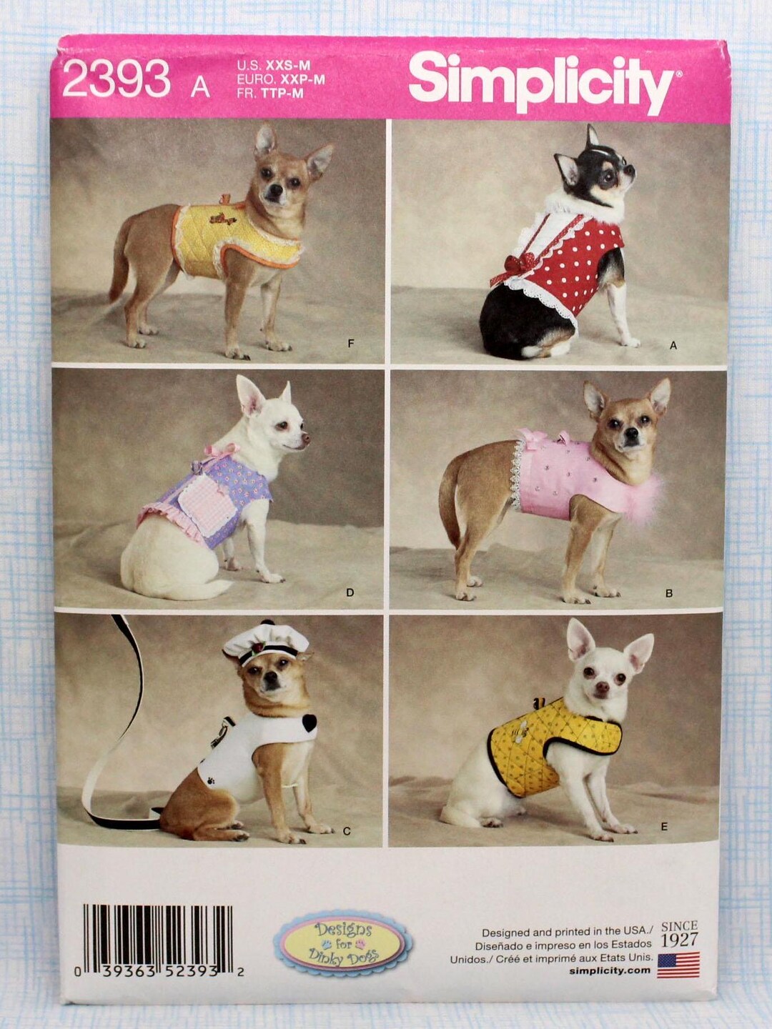 Simplicity Sewing Pattern 2393, Dog Coat/clothes, Sizes XXS XS S M ...