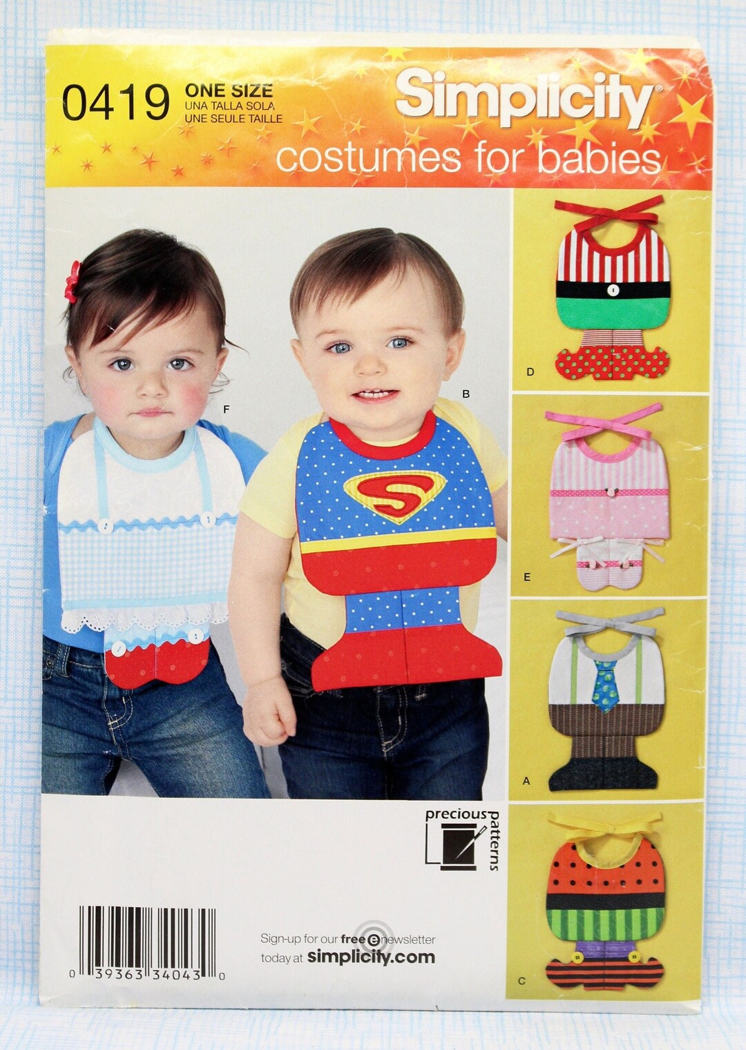 Simplicity Sewing Pattern 0419, Baby Bib Costumes Sewing Pattern, Uncut ...