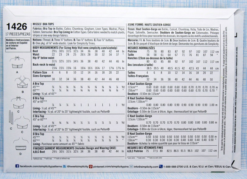 Simplicity Sewing Pattern 1426, Misses' Retro Bra Tops, Misses' Size 4 ...