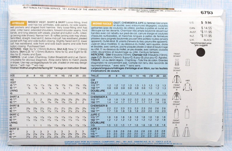 Butterick Sewing Pattern 6793, Misses' Vest, Shirt and Skirt, Uncut/ff ...