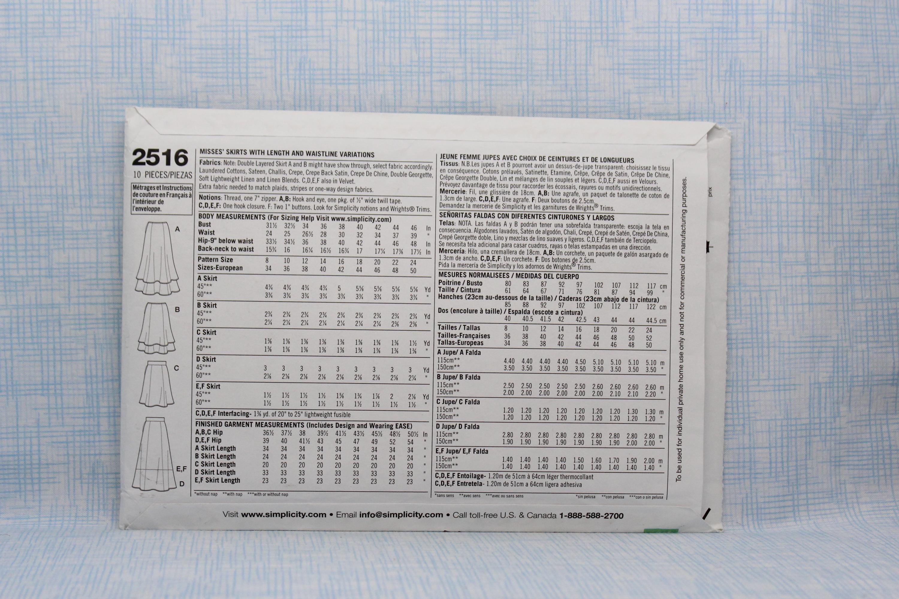 Simplicity Sewing Pattern 2516, Misses' Skirts, Size 8 10 12 14 16 ...