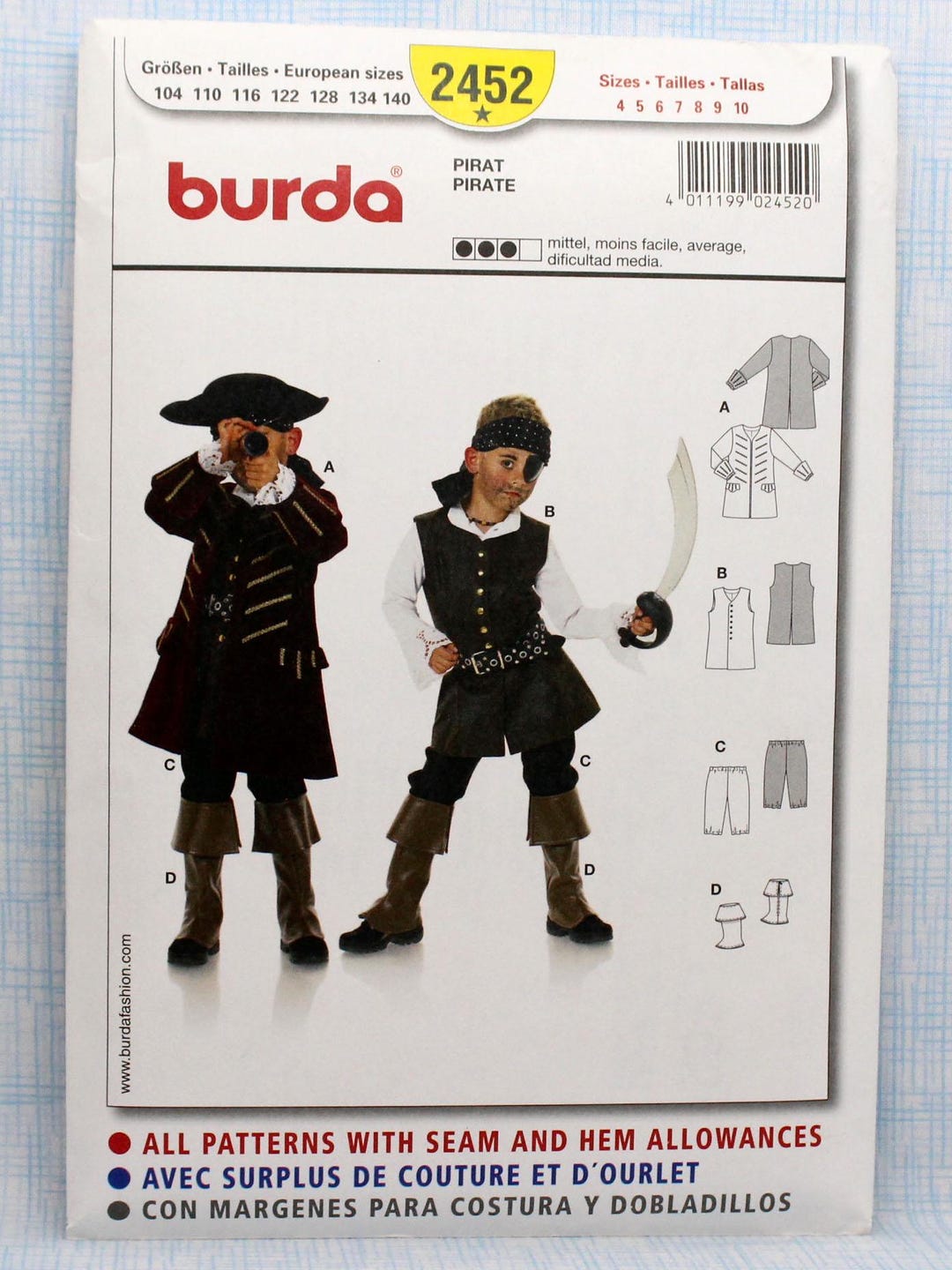 Burda 2452 Sewing Pattern, Pirate Costume Pattern for Children, Uncut/ff, Boy's Size 4 5 6 7 8 9 ...