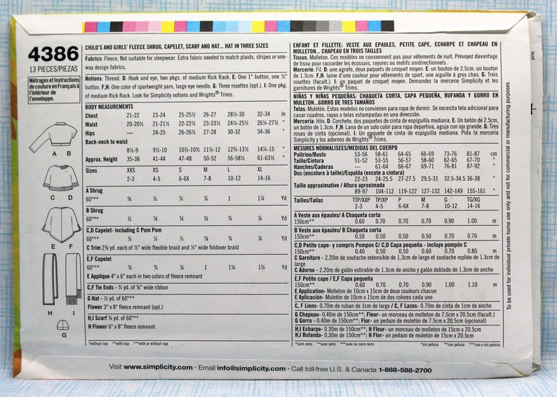 Simplicity Sewing Pattern 4386 Girls' Fleece Shrug - Etsy