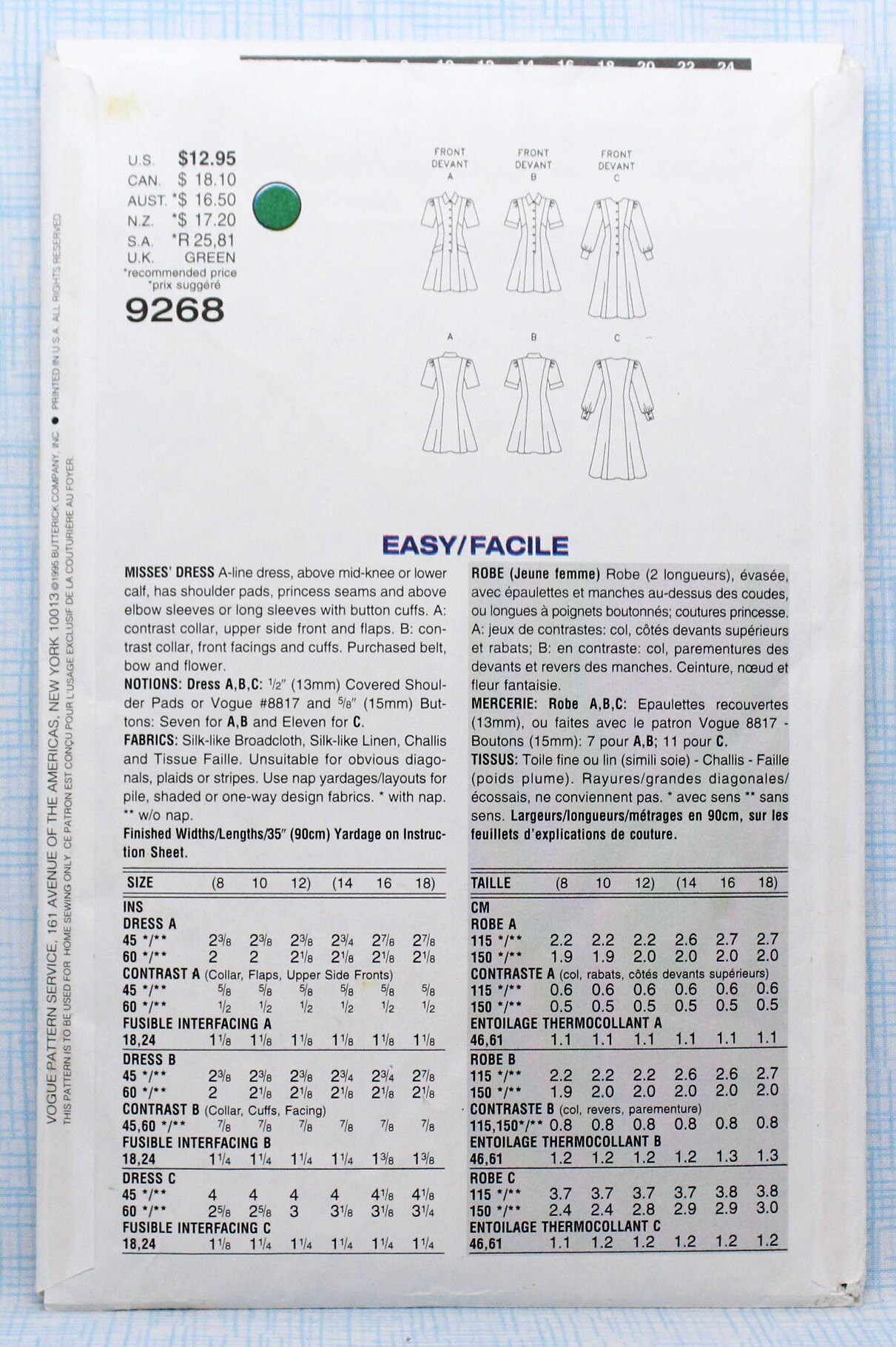 Vogue Sewing Pattern 9268, Misses' A-line Dress, Uncut/ff, Misses' Size ...