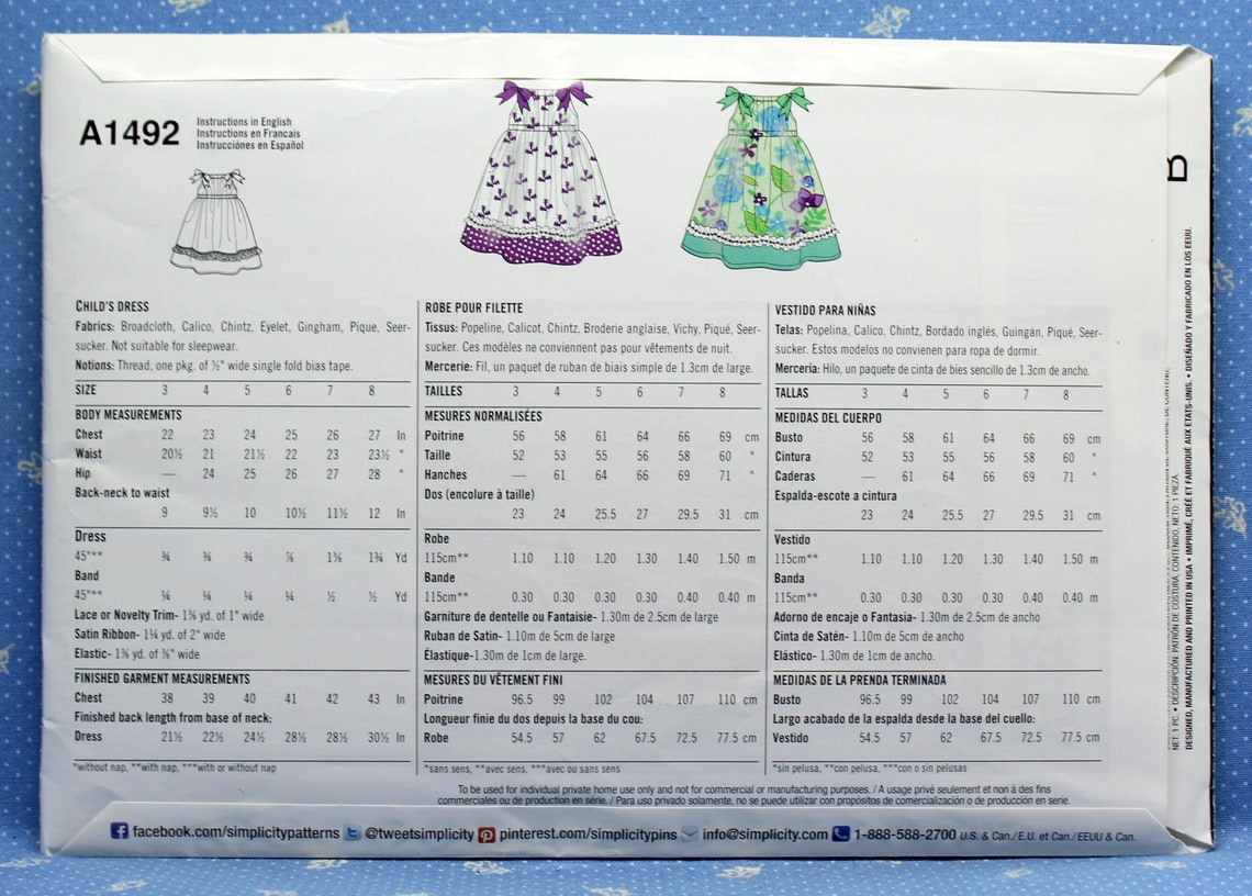 Simplicity Sewing Pattern 1492 Child's Dress With Raised - Etsy