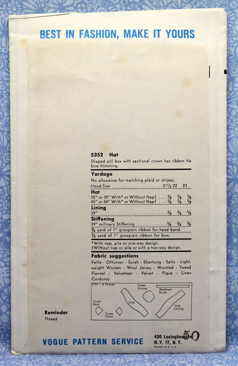 Vogue Sewing Pattern 5352, Shaped Pill Box Hat Sewing Pattern, Misses ...