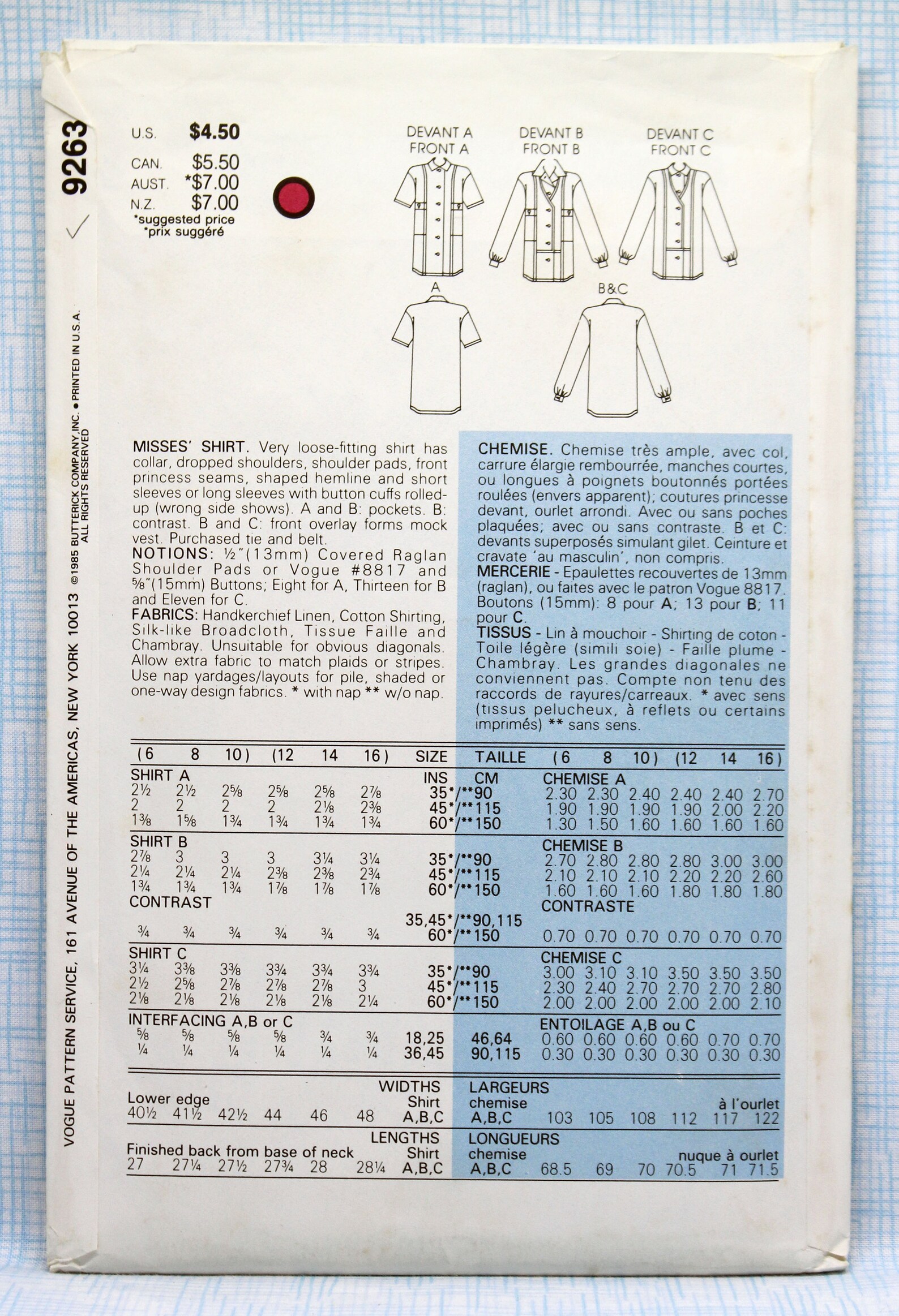 Vogue Sewing Pattern 9263 Misses' Loose-fitting Shirt - Etsy