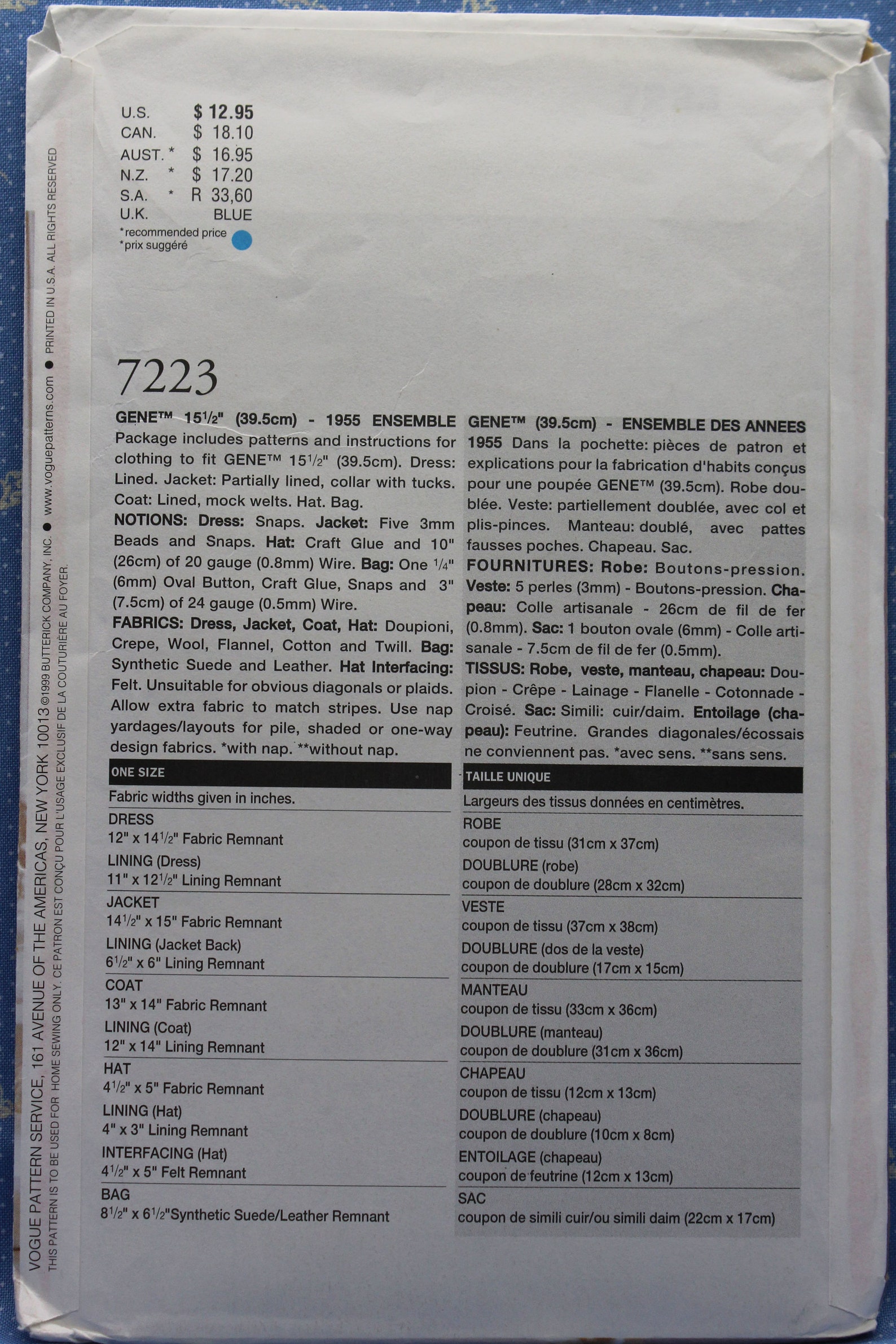 Vogue Sewing Pattern 7223 15-1/2 Gene Doll Clothes | Etsy