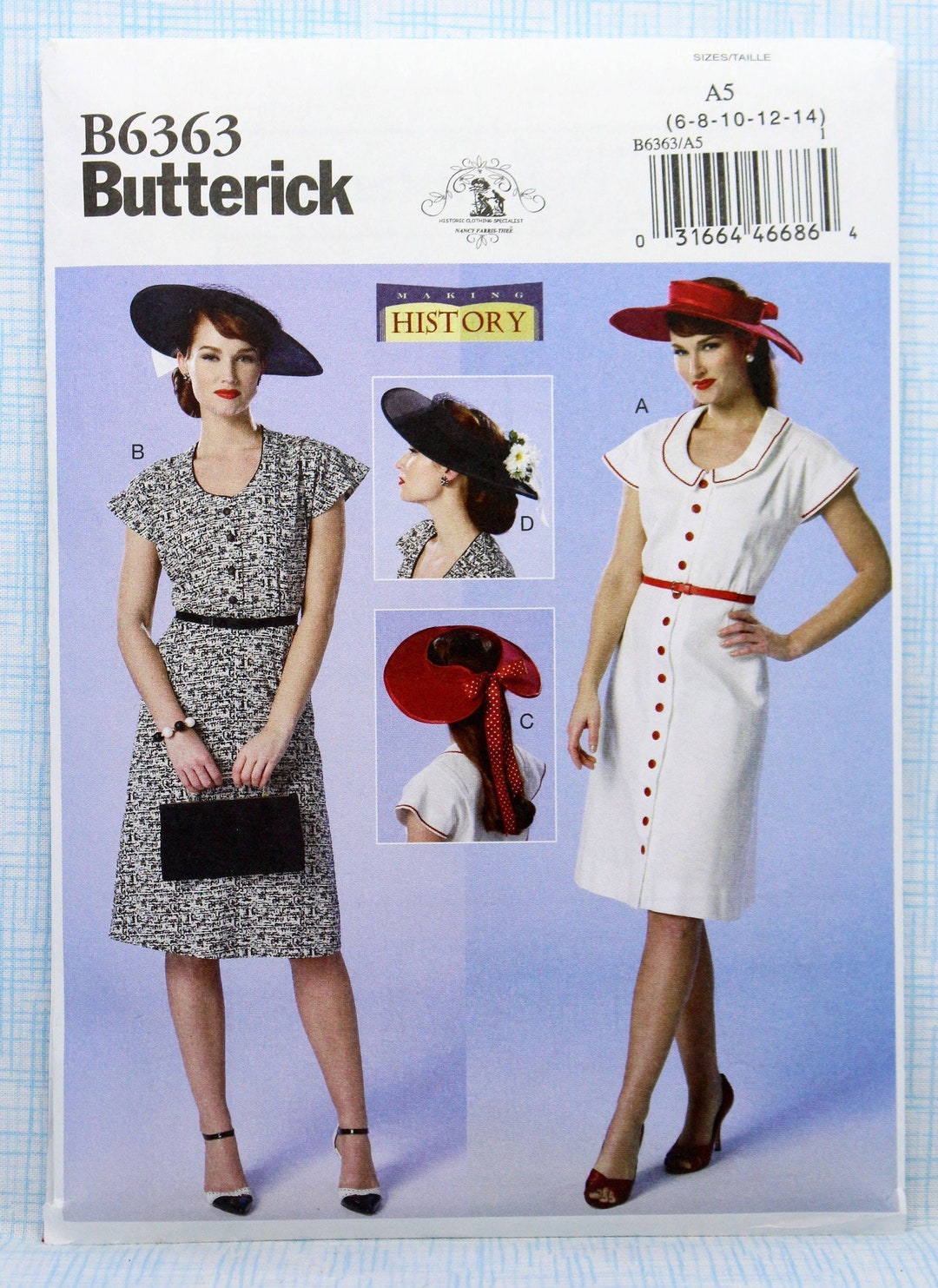 Butterick Sewing Pattern 6363, Misses' Front Button Dress and Hat ...
