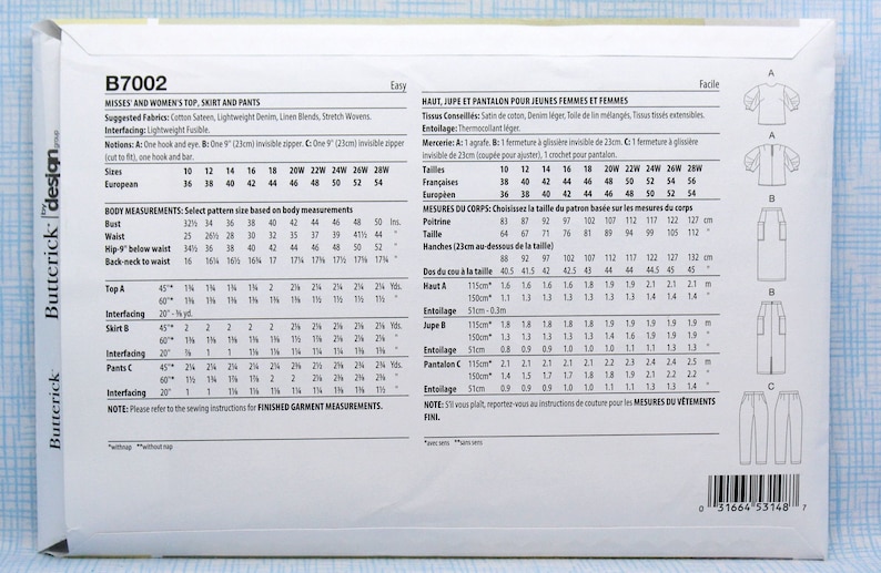 Butterick Sewing Pattern 7002, Women's Semi-fitted Top, Skirt and ...