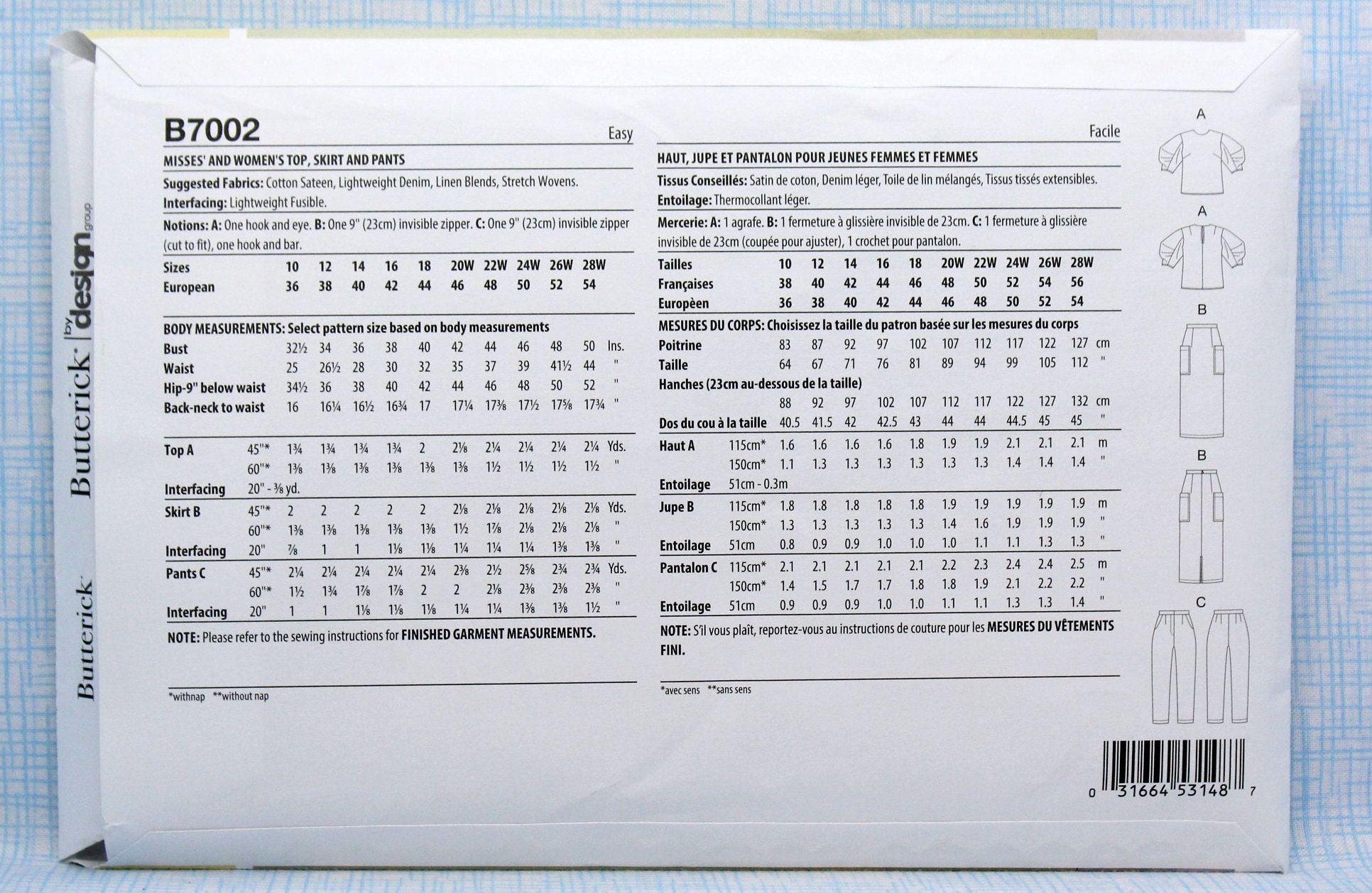 Butterick Sewing Pattern 7002, Women's Semi-fitted Top, Skirt and ...