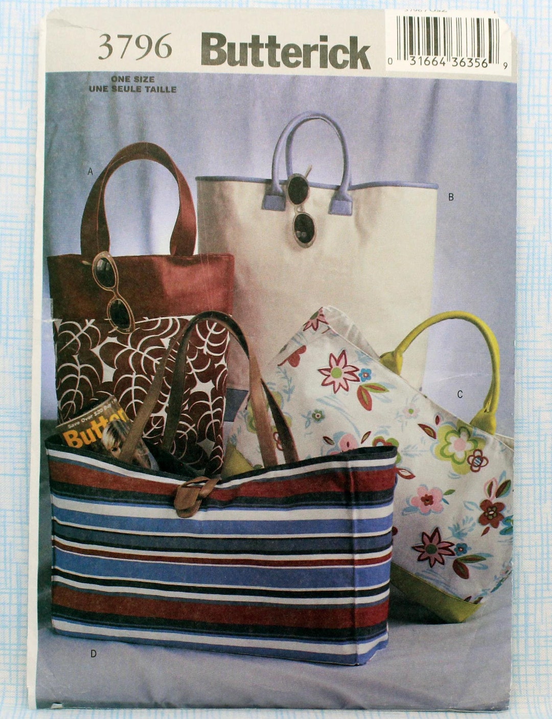 Butterick Sewing Pattern 3796, Lined Tote Bags, Uncut/ff, 4 Styles of ...