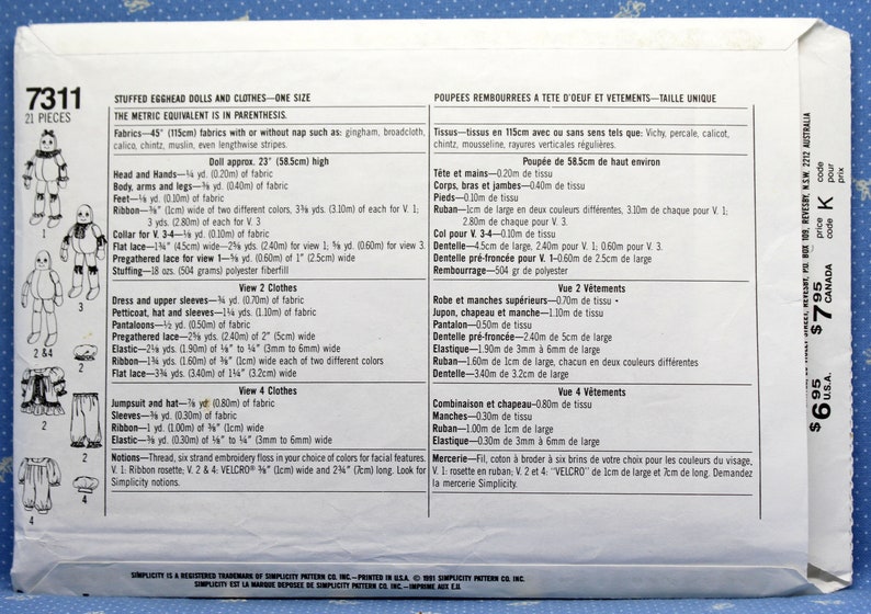 Simplicity Sewing Pattern 7311 Stuffed 23 Egghead Dolls - Etsy