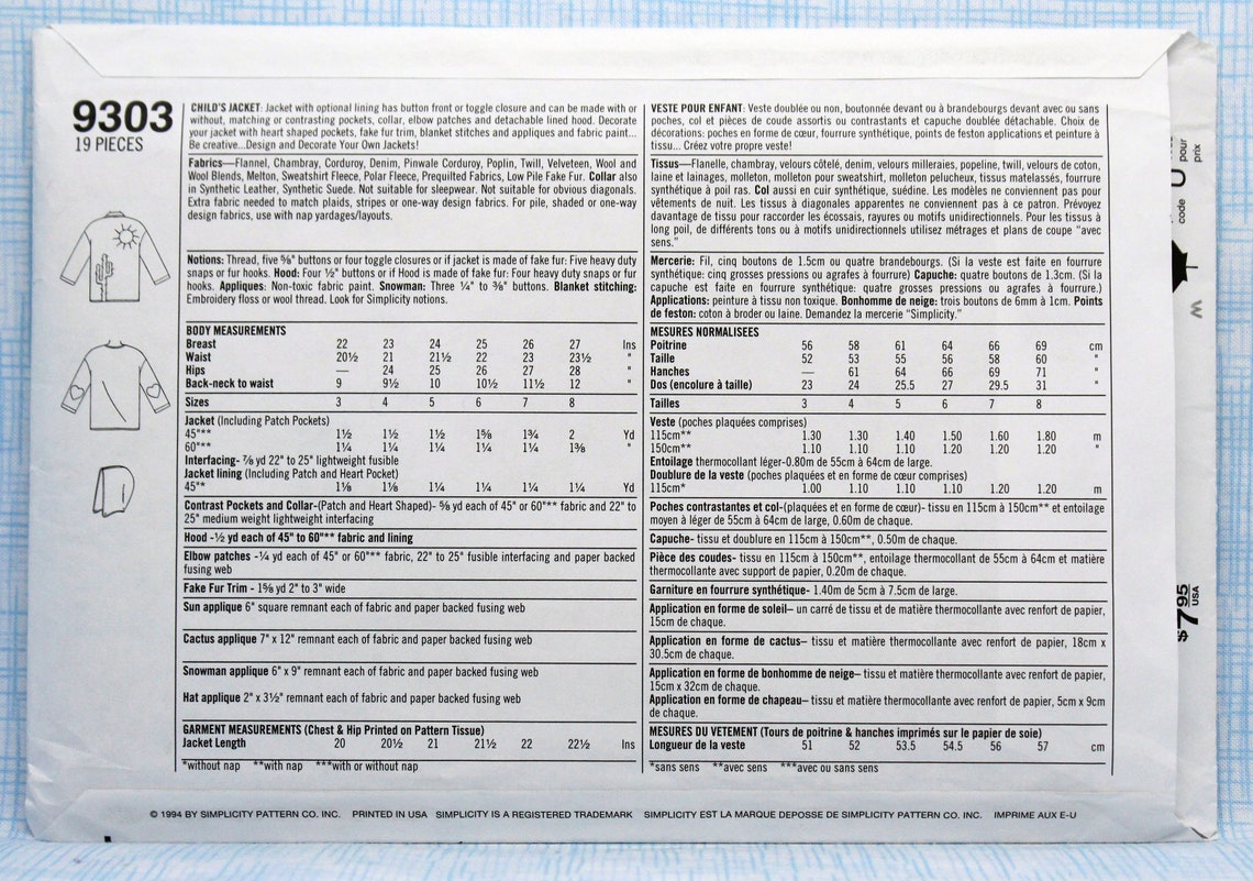 Simplicity Sewing Pattern 9303 Child's Easy Jacket - Etsy