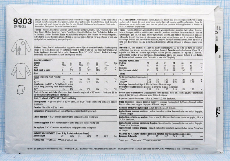 Simplicity Sewing Pattern 9303 Child's Easy Jacket - Etsy
