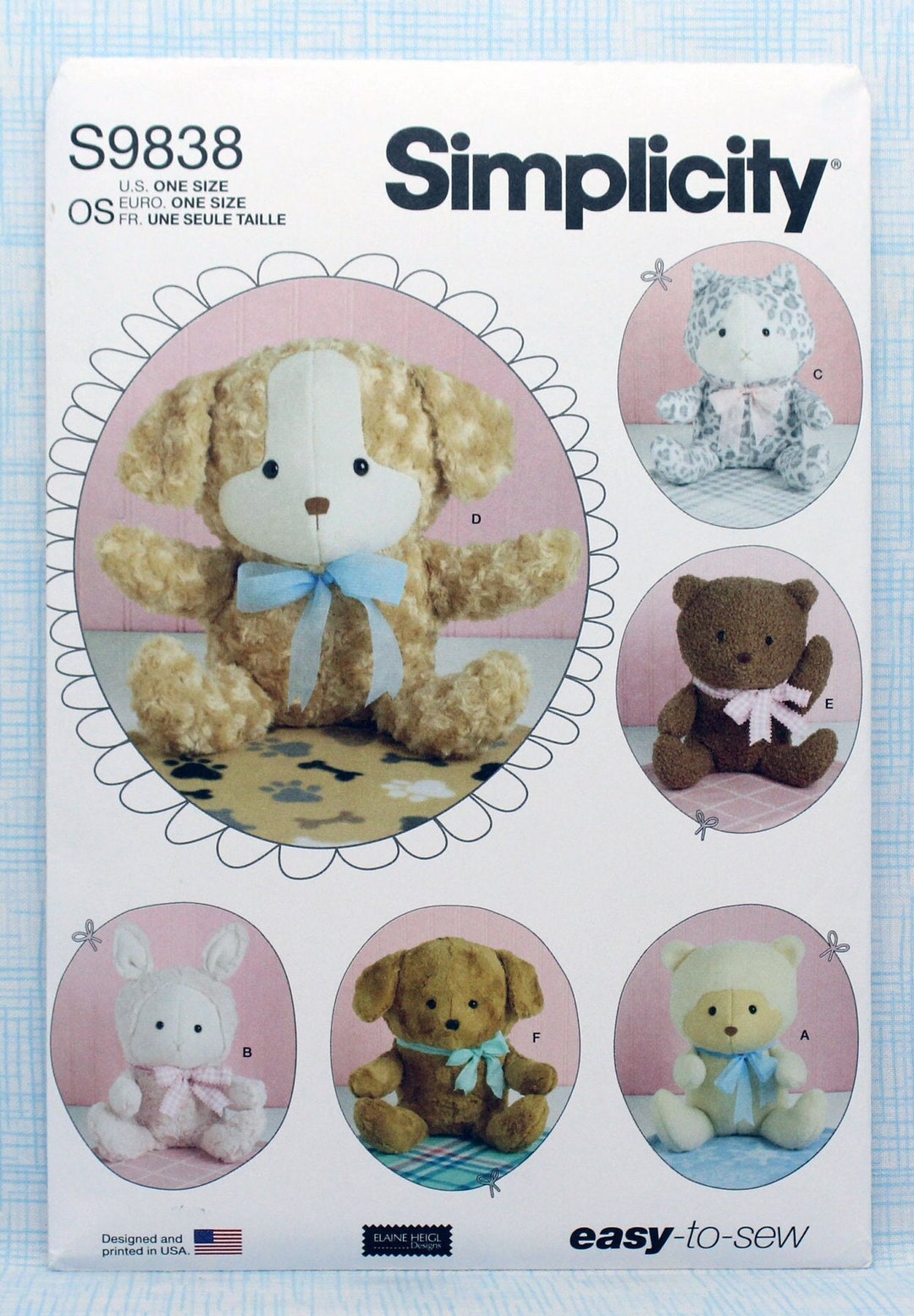 Simplicity Sewing Pattern 9838, 14" Seated Plush Bear Bunny Kitty Puppy ...