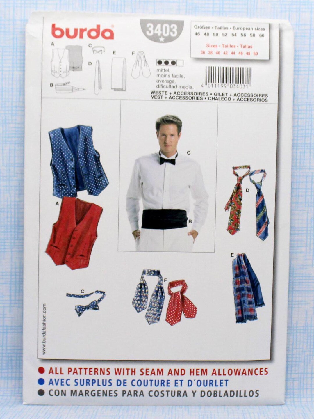 Burda Sewing Pattern 3403, Men's Vest, Cummerbund, Bow-tie, Tie and 2 ...