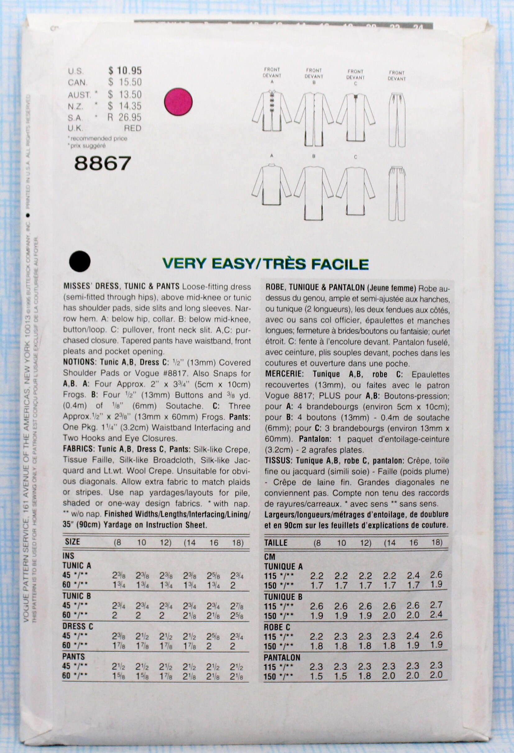 Vogue Sewing Pattern 8867, Misses' Dress, Tunic and Pants, Uncut/ff ...