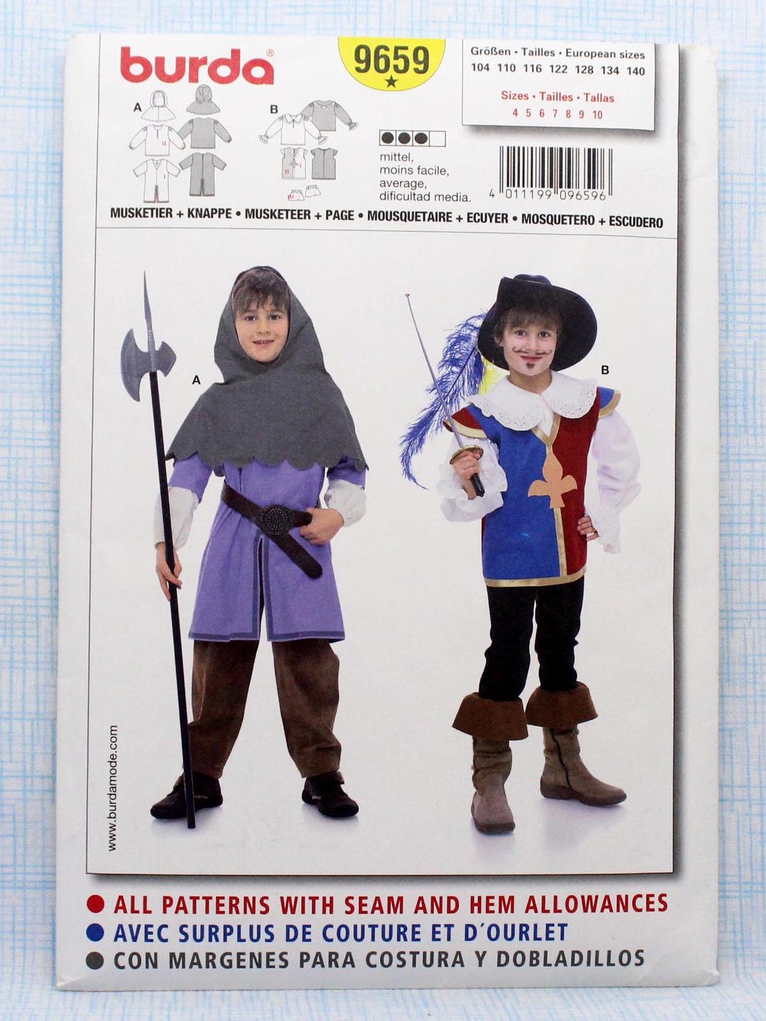 Burda Sewing Pattern 9659, Childs' Musketeer and Page Costume Pattern ...