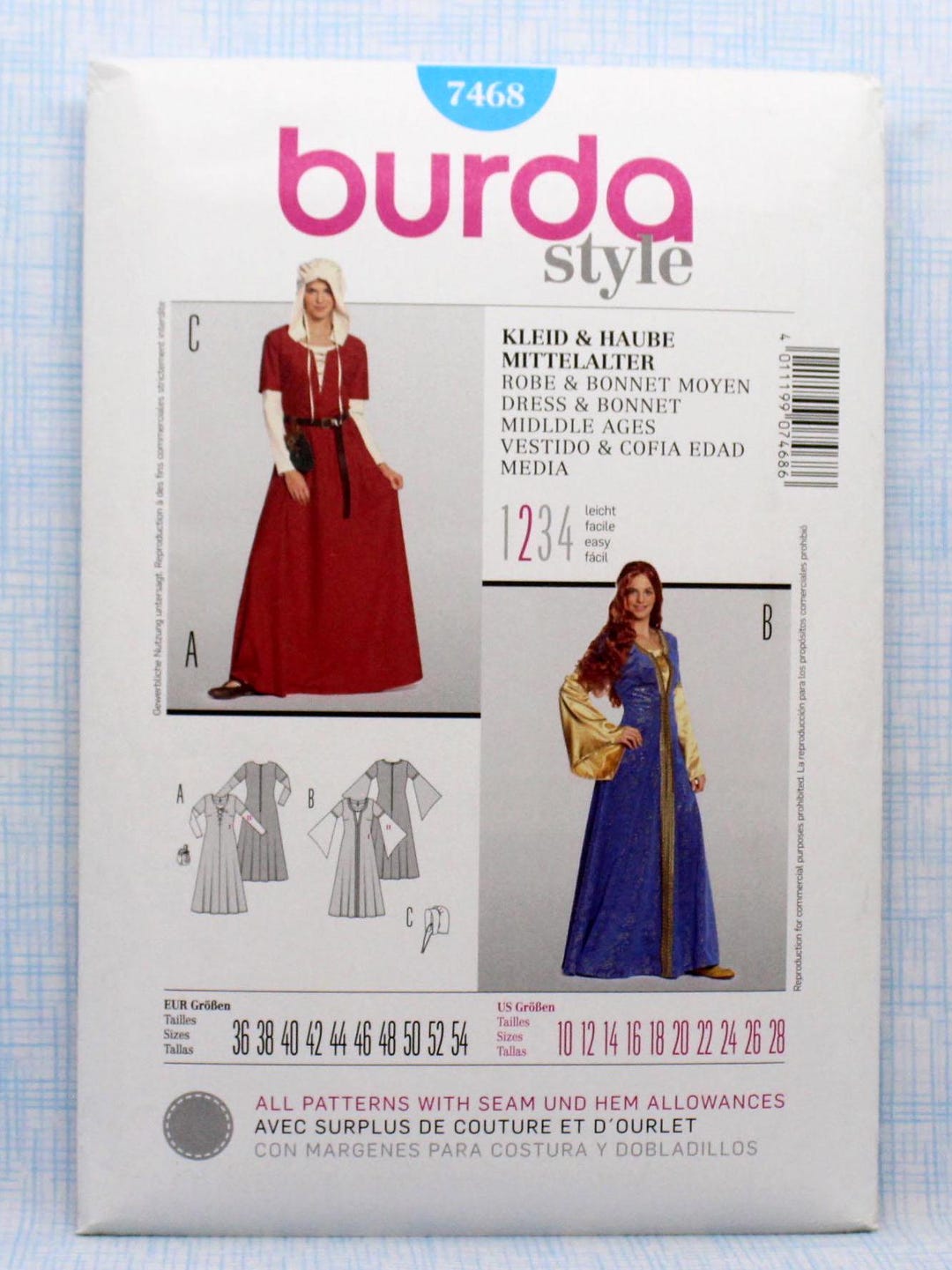 Burda Sewing Pattern 7468, Misses' Middle Ages Dresses and Bonnet ...