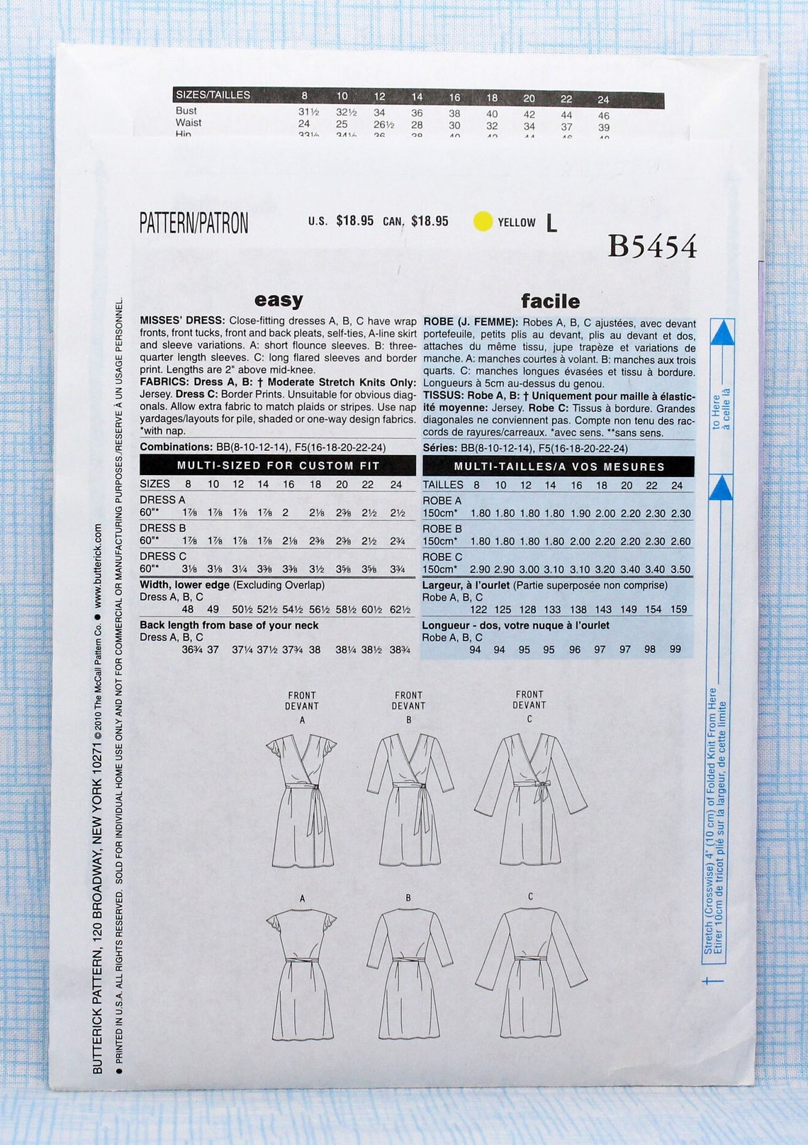 Butterick Sewing Pattern 5454, Misses' Easy Front Wrap Dress, Uncut/ff ...