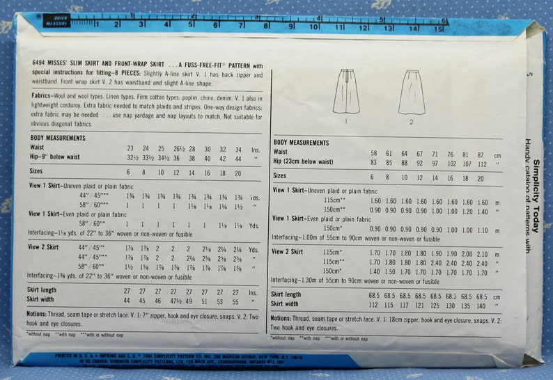 Simplicity Sewing Pattern 6494 Misses' Slim Skirt and - Etsy