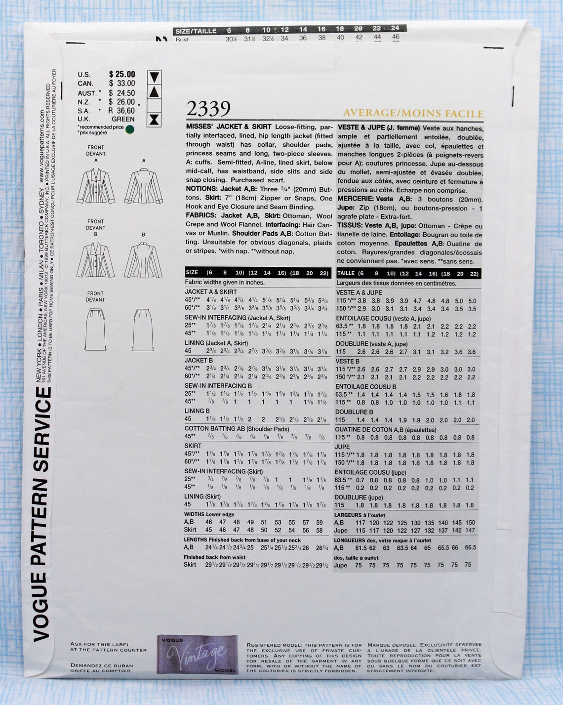 Vogue Sewing Pattern 2339 Misses' Retro Fitted Jacket and - Etsy