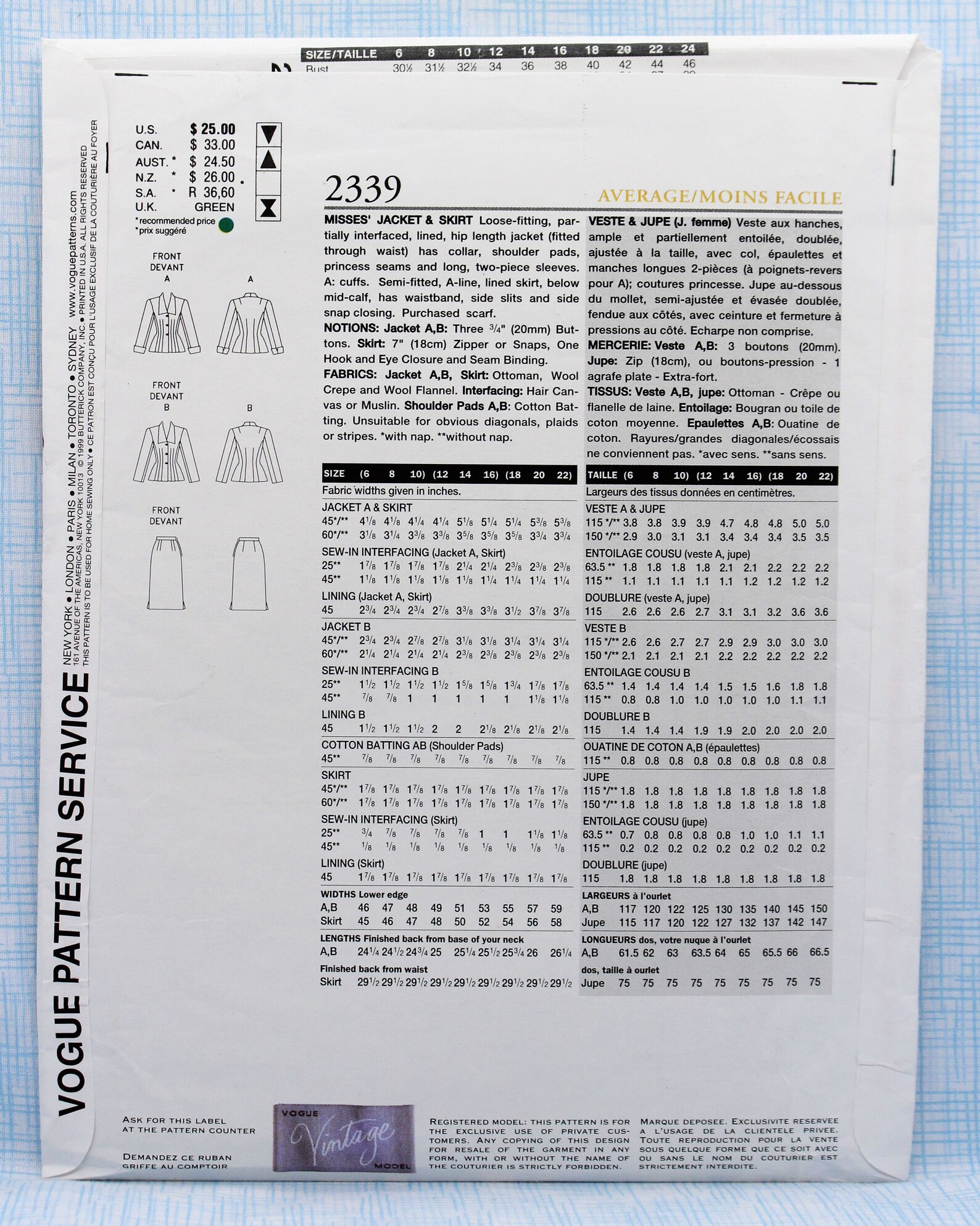 Vogue Sewing Pattern 2339 Misses' Retro Fitted Jacket and - Etsy