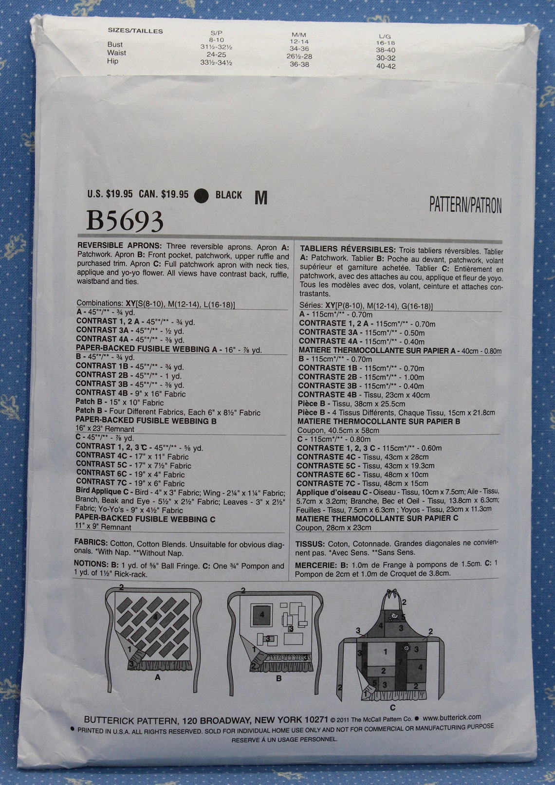 Butterick 5639 Reversible Apron Sewing Pattern Size S M L | Etsy