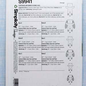 Simplicity Sewing Pattern 9941, Plush Bears and Bunnies in Three Sizes ...