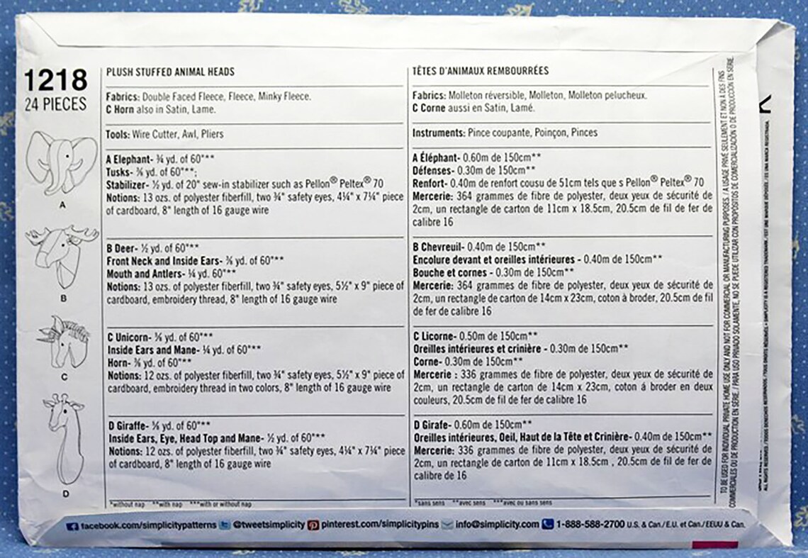 Simplicity Sewing Pattern 1218 Plush Stuffed Animal Heads - Etsy