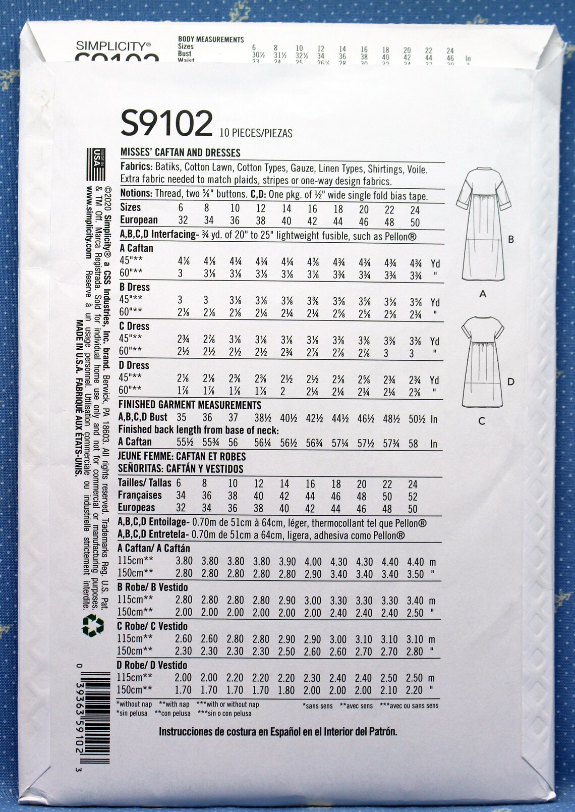 Simplicity Sewing Pattern 9102 Misses' Caftan and - Etsy