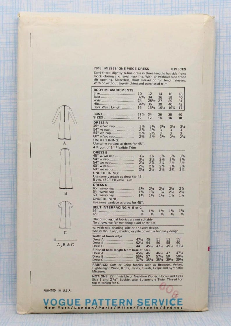 Vogue Sewing Pattern 7918, Misses' Dress With Sleeve Options, Sewing ...