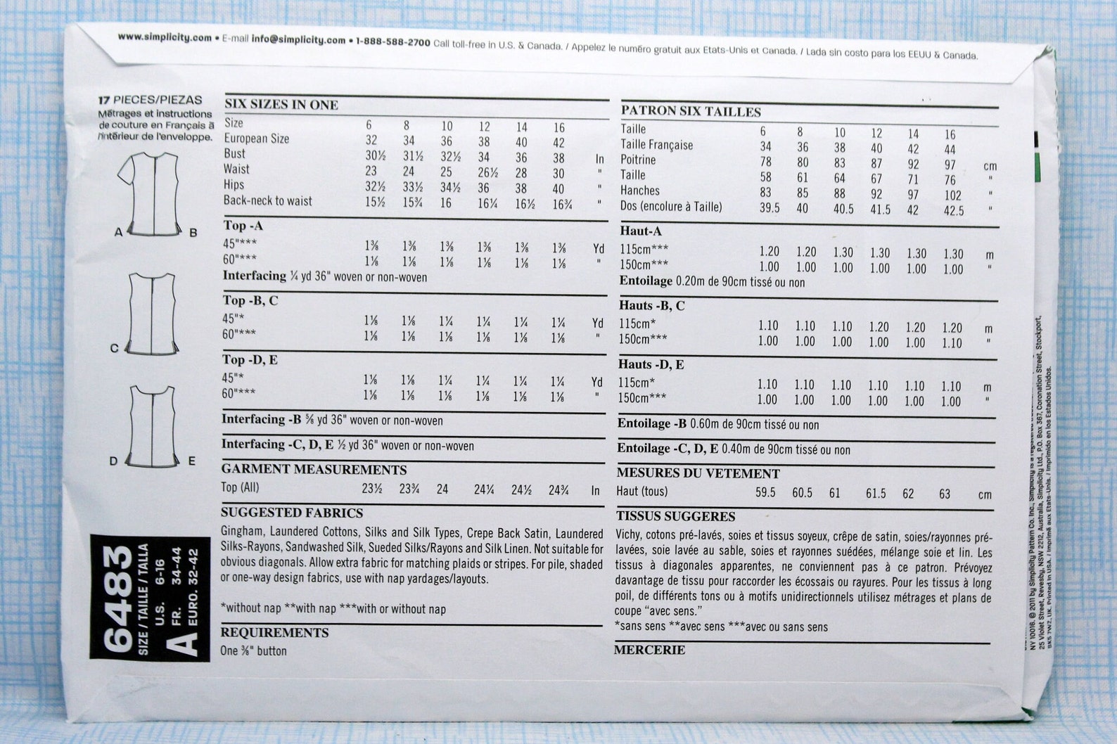 New Look Sewing Pattern 6483, Misses' Sleeveless or Short Sleeve Tops ...