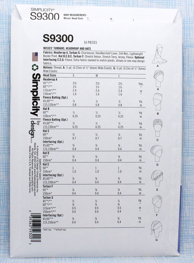 Simplicity Sewing Pattern 9300, Misses' Turbans, Headwrap and Hats ...
