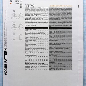 Vogue Sewing Pattern 2790, Misses' Semi-fitted Jacket and Straight ...