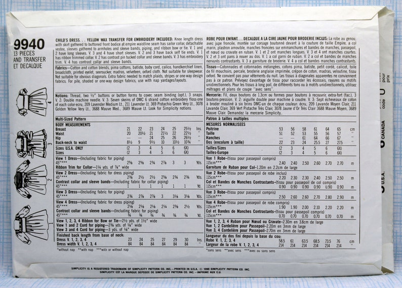 Simplicity Sewing Pattern 9940 Child's Empire Waist - Etsy