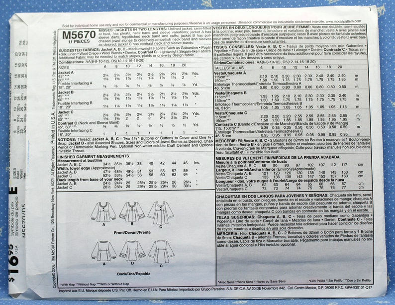 Mccall's Sewing Pattern 5670 Misses' Jacket With - Etsy