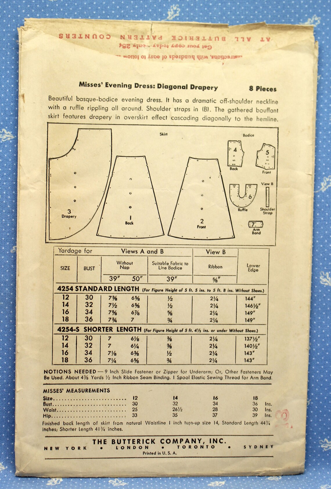 Butterick Sewing Pattern 4254 Misses' 1940's off - Etsy